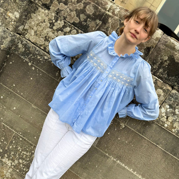 Betsy Fry Blouse Forget Me Not Voile with Chalk Stacked Wave Hand Smoc ...