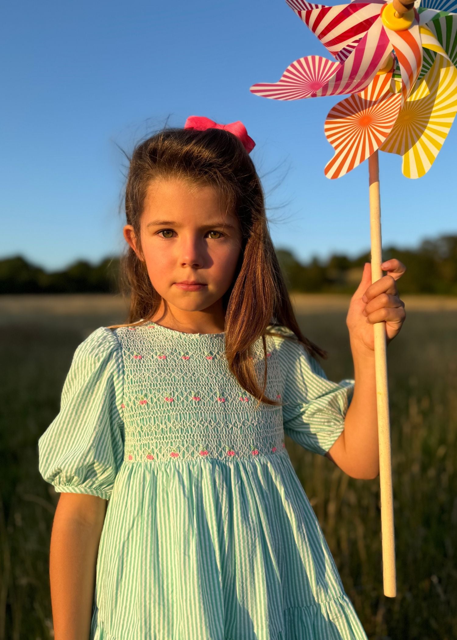 Margaret Graham Dress Kelly Green Seersucker with Cherry Pop Hand Smoc ...